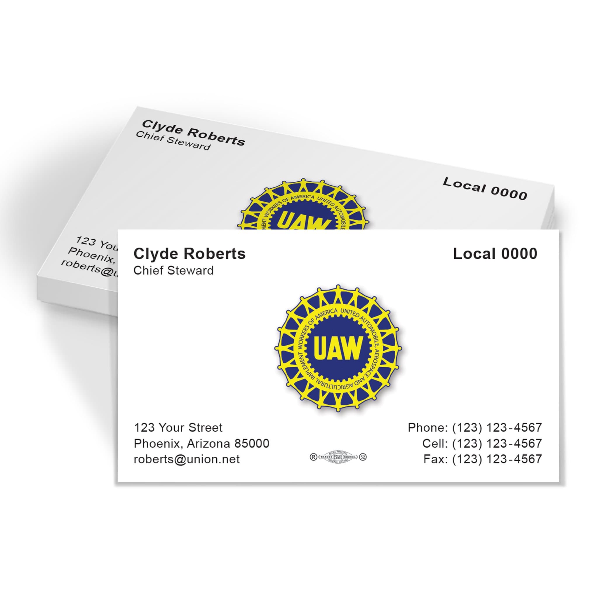 UAW Union Printed Business Cards - UAW-102 – Buttonsonline